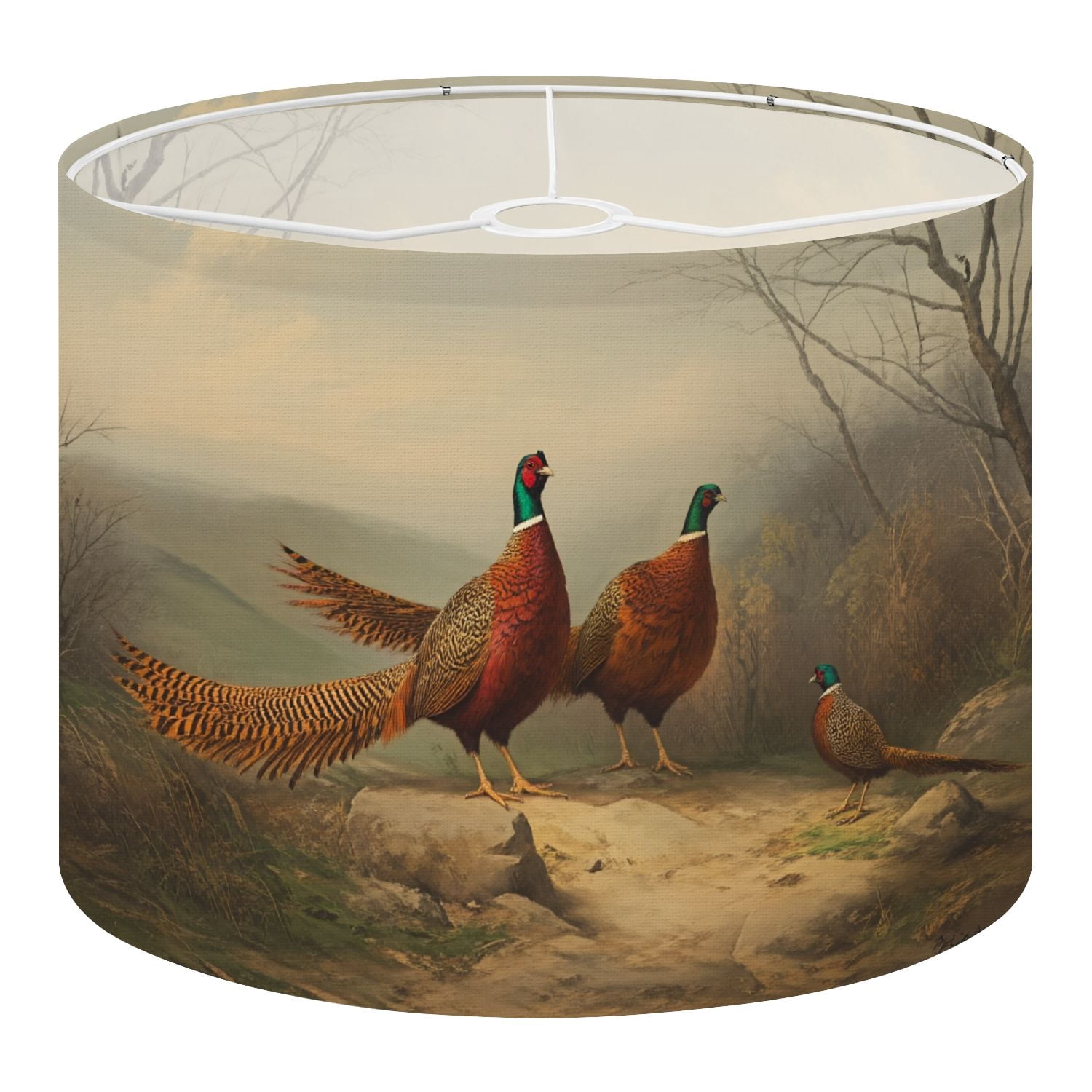 Linen Drum Lampshades Pheasants Rustic Countryside Landscape Vintage ...