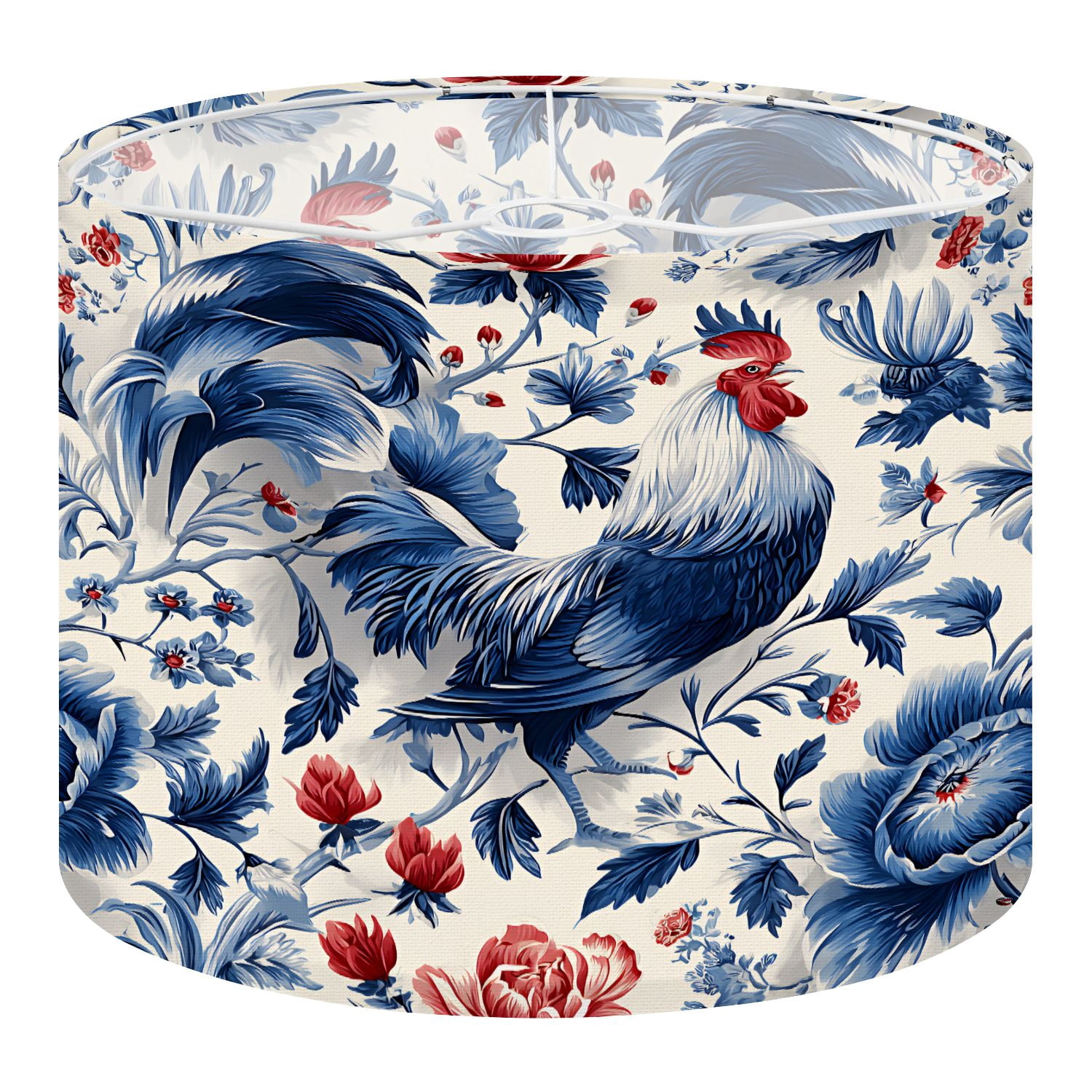 Linen Drum Lampshades Rooster Floral Blue Red Vintage Botanical Style ...