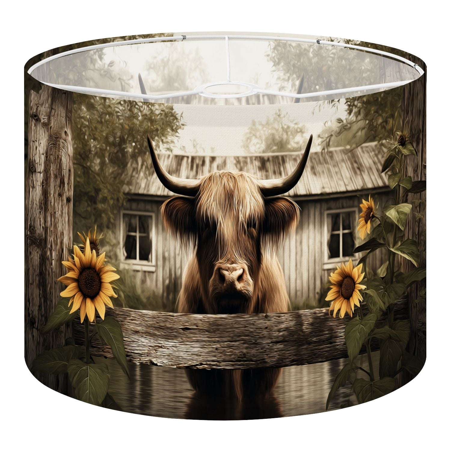 Linen Drum Lampshades Rustic Brown Farmhouse Highland Cow Long Curved ...