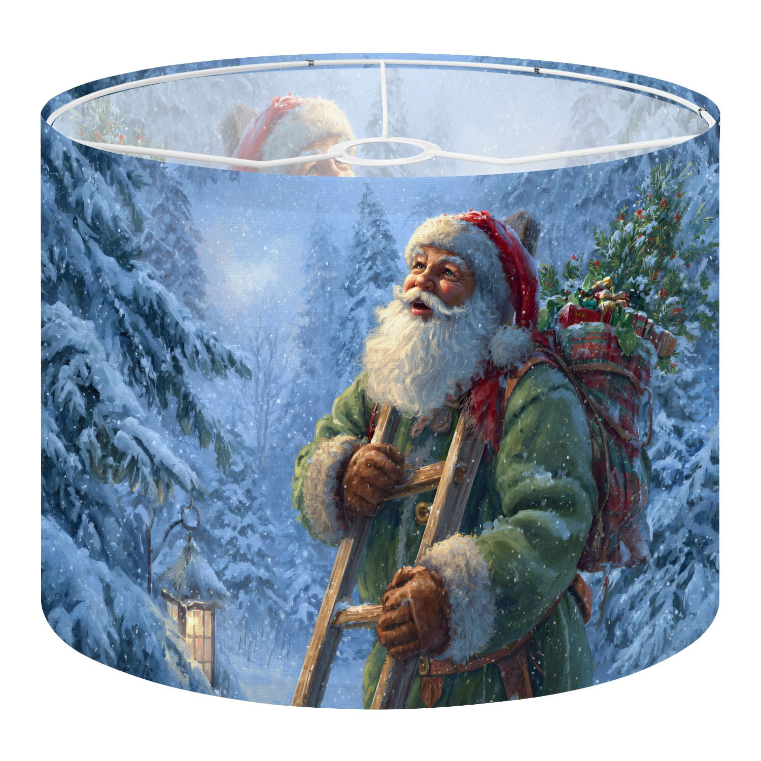 Linen Drum Lampshades Santa Claus Christmas Tree Holiday Seasonal Snowy ...