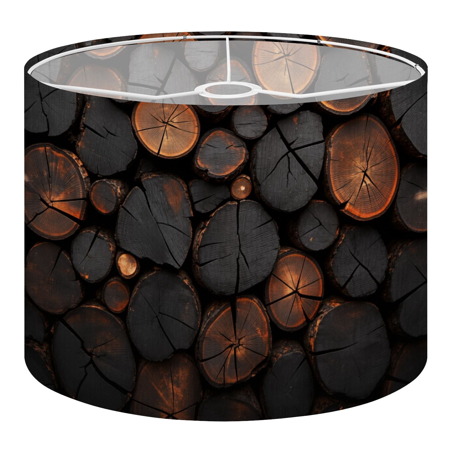 Linen Drum Lampshades Stacked Wood Log Cross Sections Rustic Brown ...