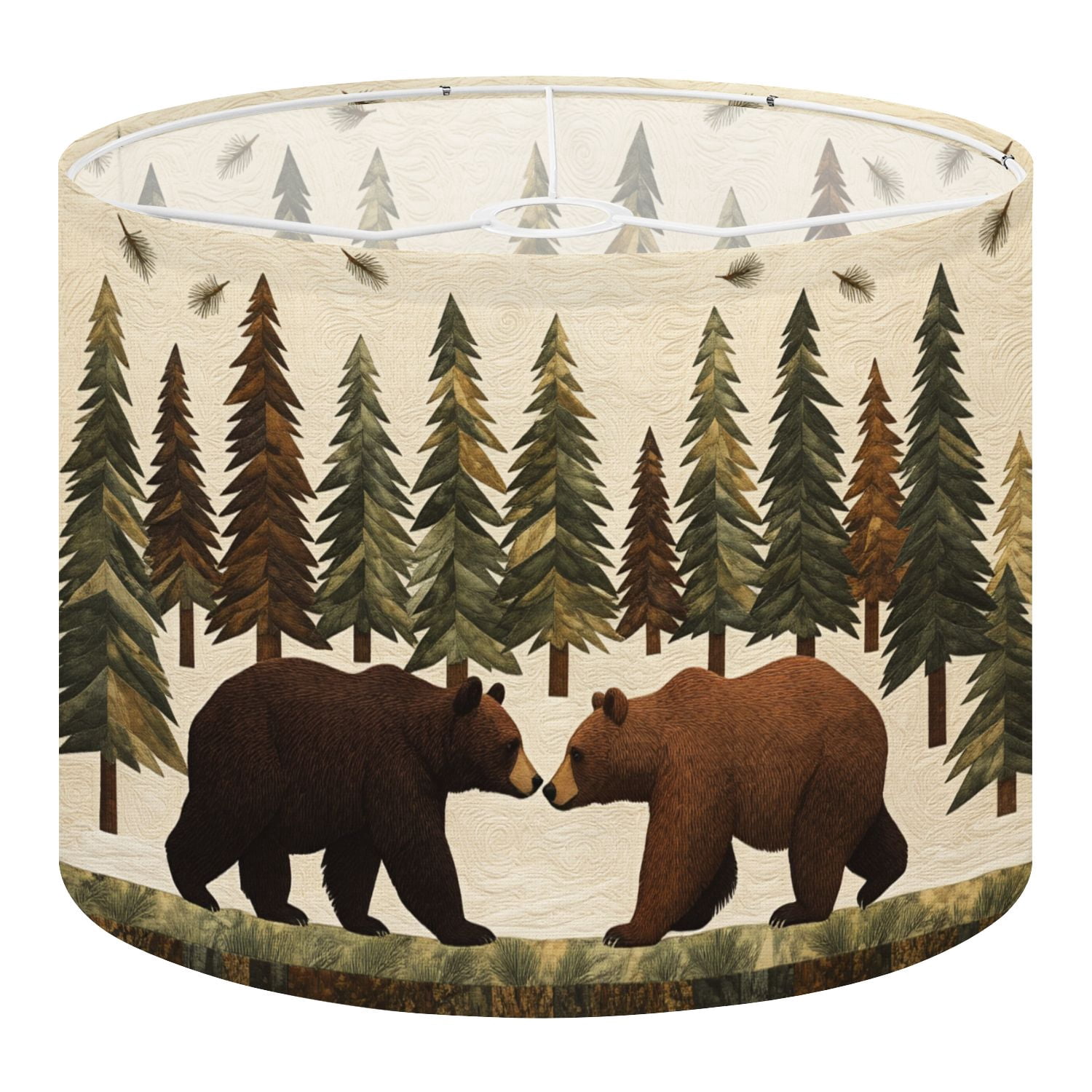 Linen Drum Lampshades Two Bears Forest Quilt Style Pine Trees Rustic ...