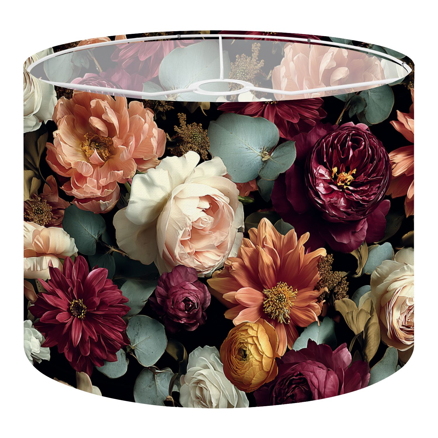 Linen Drum Lampshades Vintage Style Floral Roses Dahlias Black 13"x13 ...