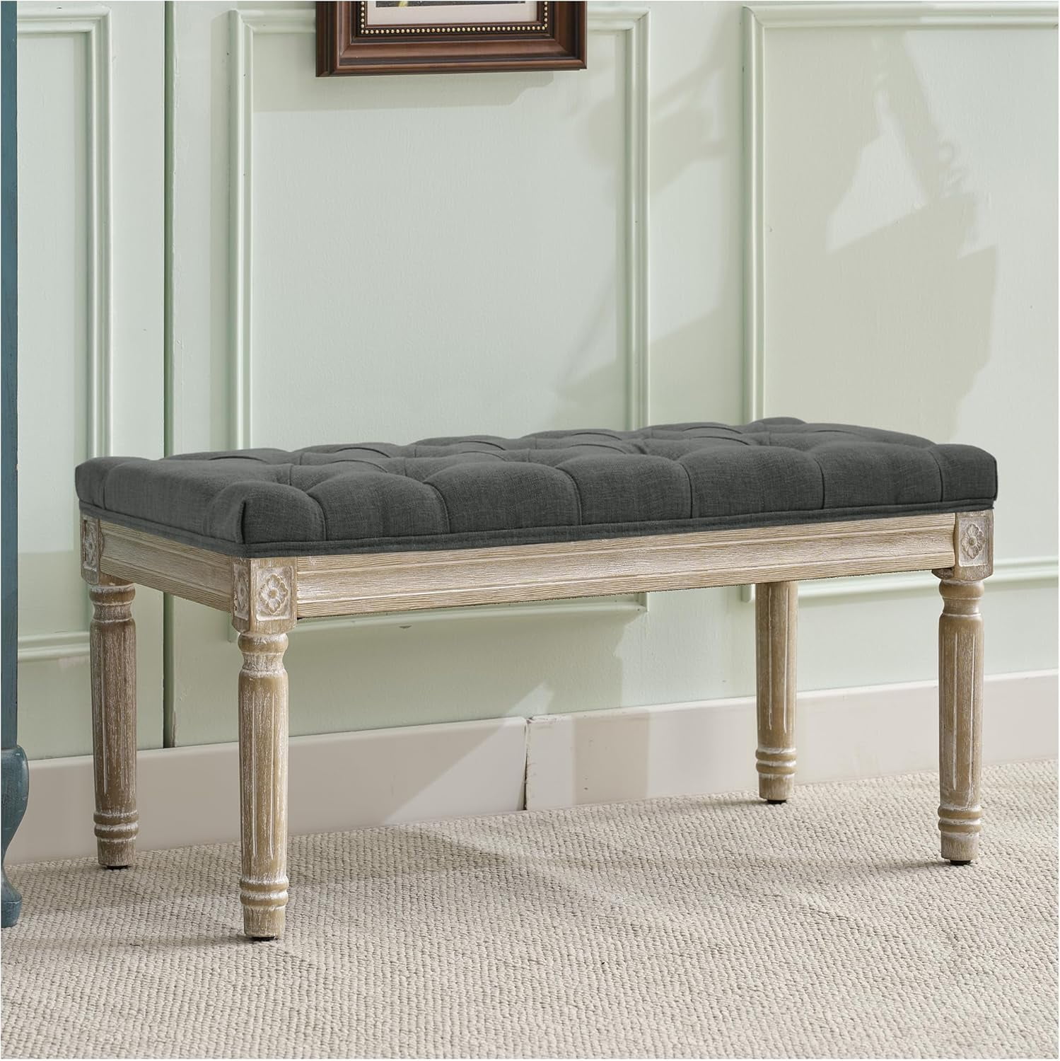 Linen Entryway Bench, Upholstered Button End of Bed Bench, Vintage ...