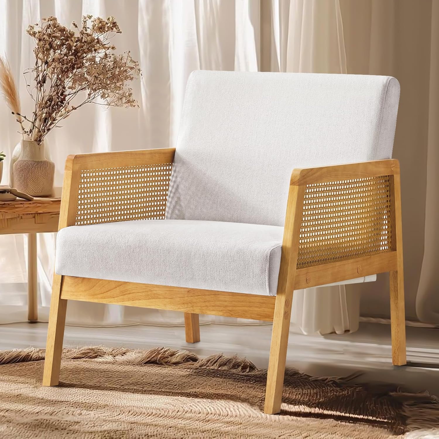 Linen Fabric Accent Chair for Living Room, Rattan Webbing Reading Chair ...
