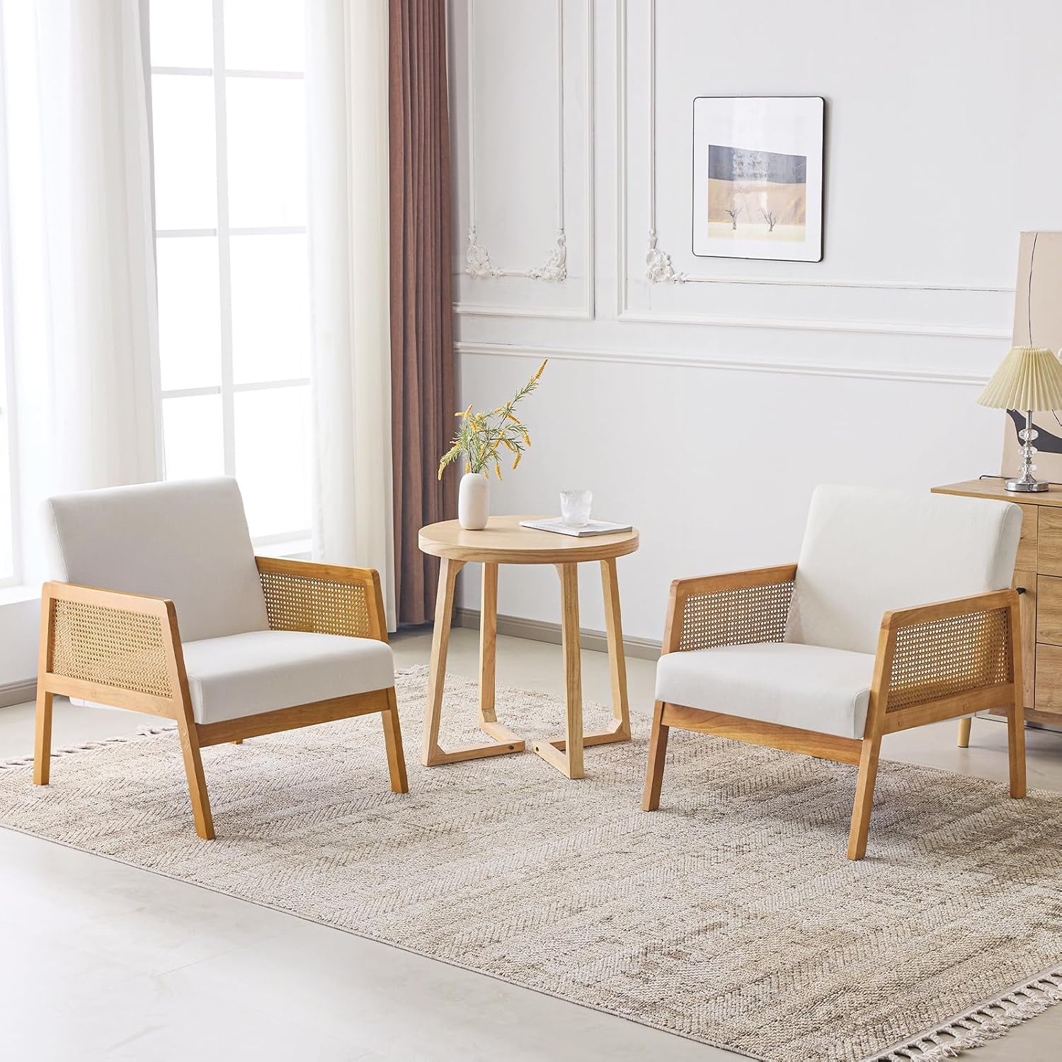 Linen Fabric Accent Chair for Living Room Set of 2, Rattan Webbing ...