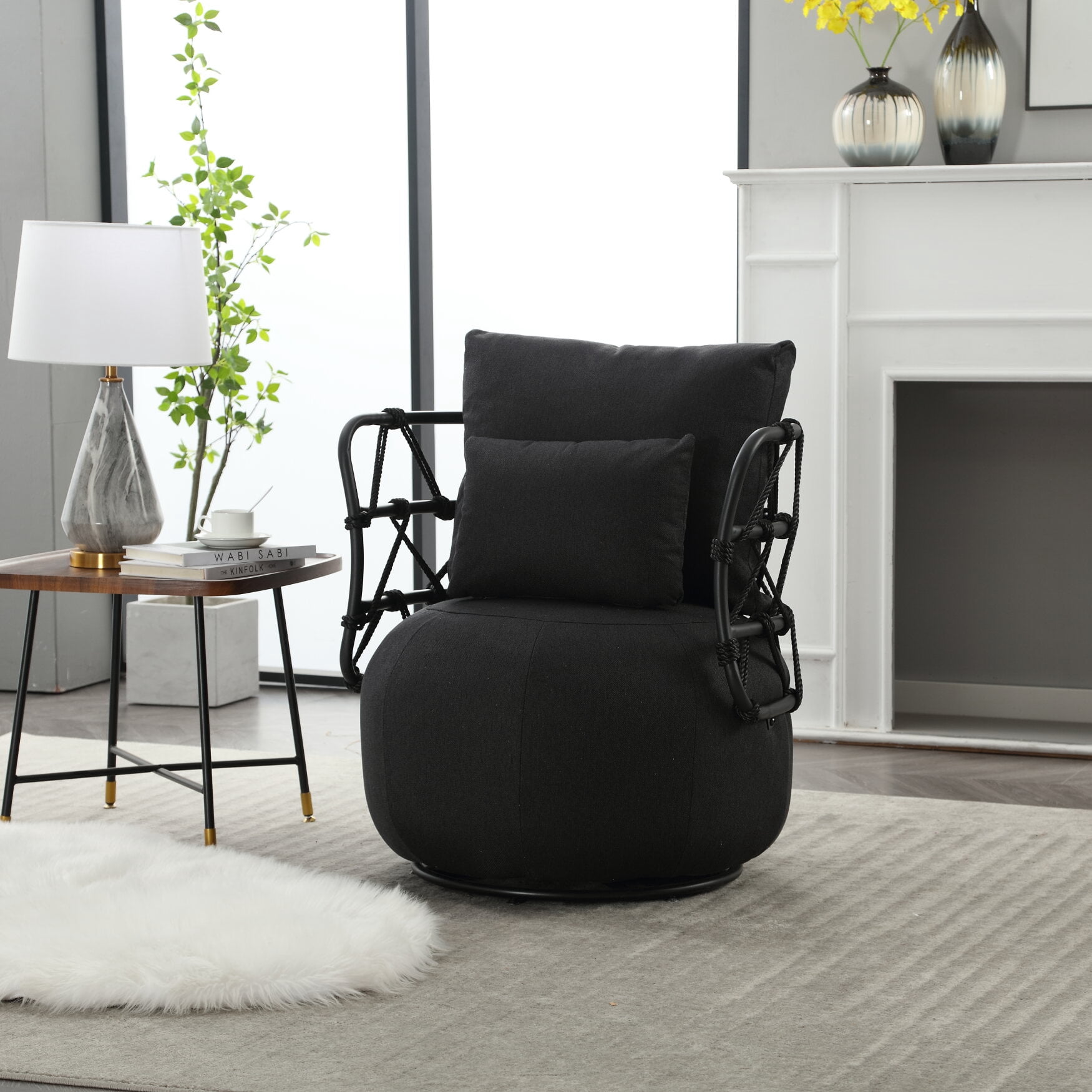 Linen Fabric Accent Chair, Modern Tufted Armchair with Metal Stand ...