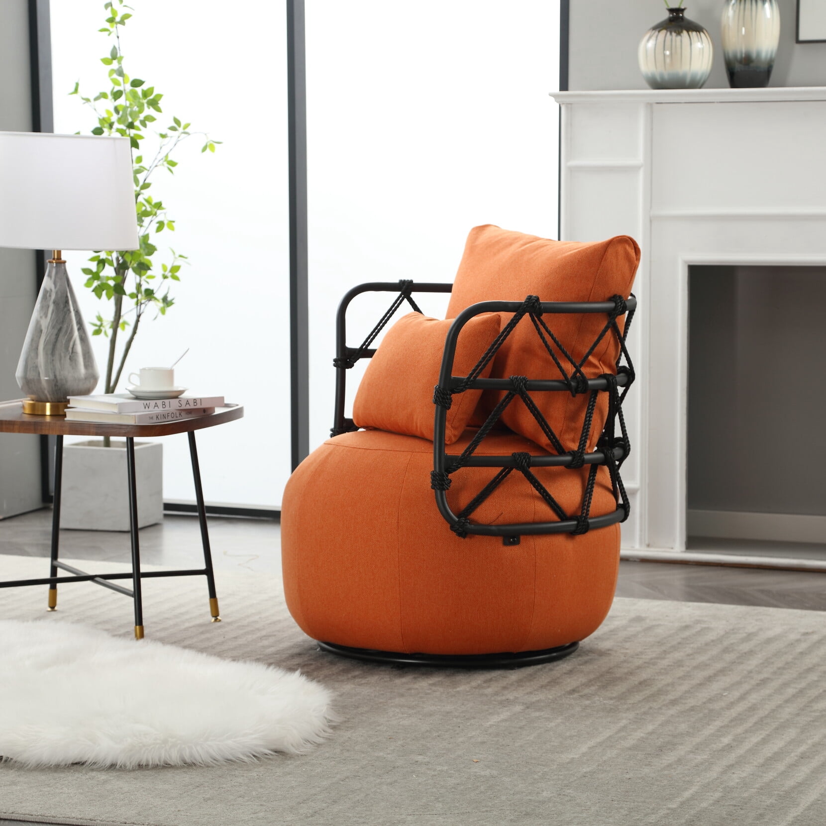 Linen Fabric Accent Chair, Modern Tufted Armchair with Metal Stand ...
