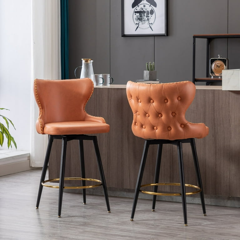 Linen Fabric Counter Height Bar Chairs 180Swivel Bar Stool Tufted Decoration and Metal Leg Contemporary Leisure Style Counter Stool Chair Orange Set
