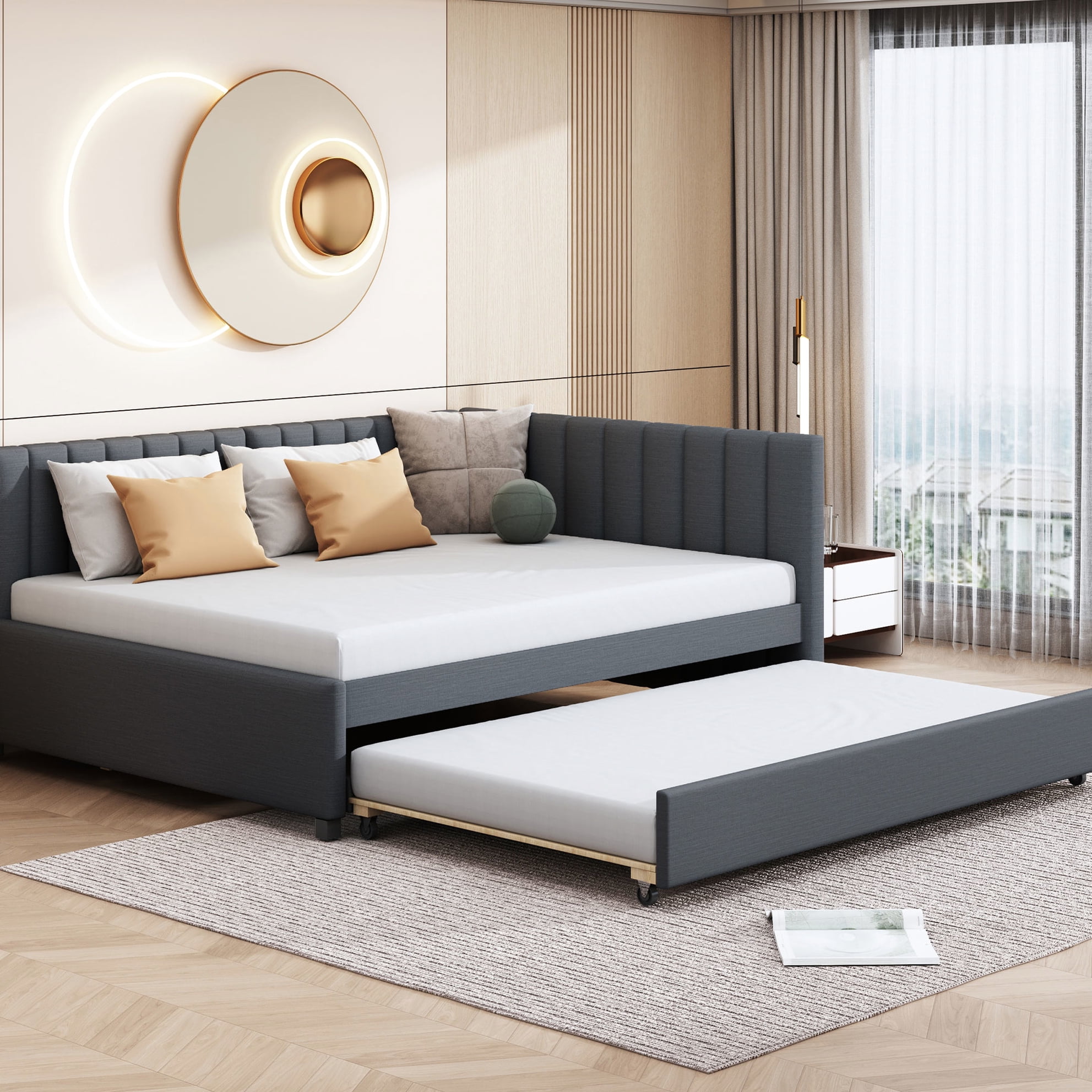 Linen Fabric Daybed With Removable Trundle, Gray, Robust Bed Frame, No ...