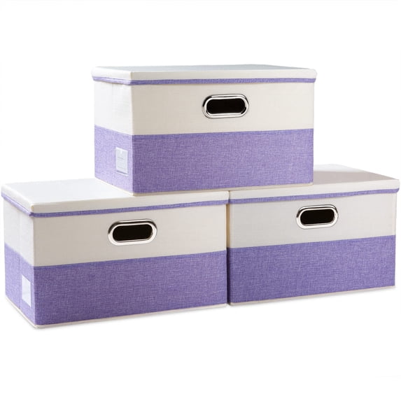 Linen Fabric Decorative Storage Boxes with Lids Purple&Cream L(3-Pack ...