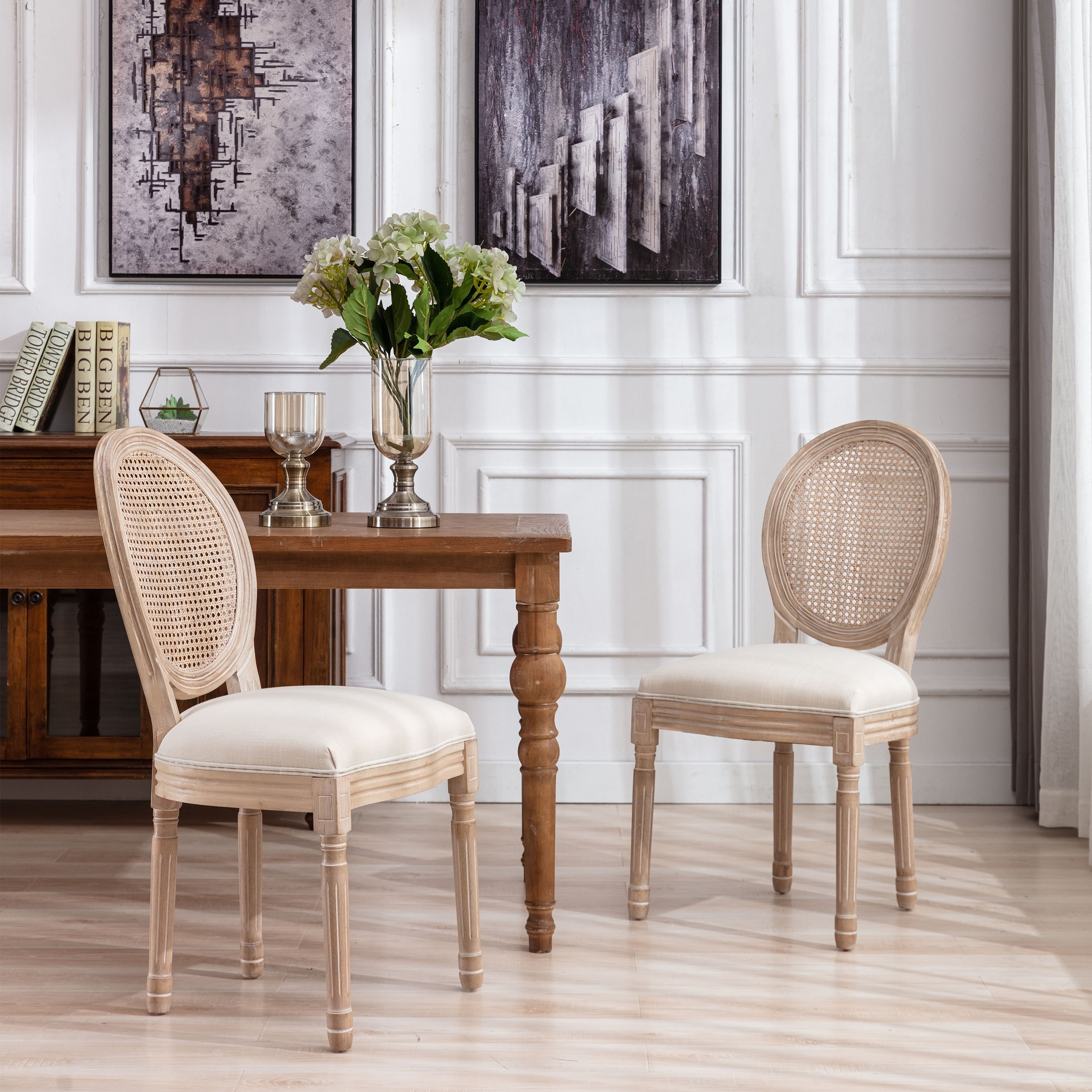 Linen Fabric Dining Chair Oval Back Side Chairs Armless Accent Chairs ...