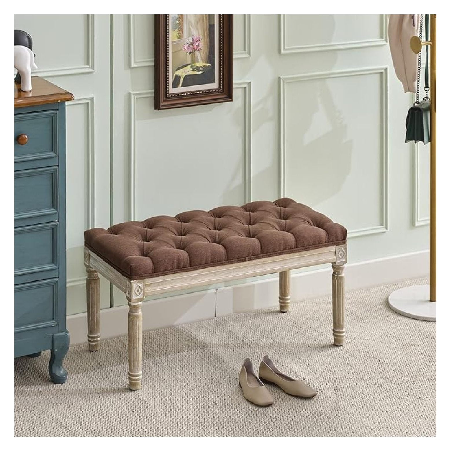 Linen Fabric Entryway Bench, Upholstered Tufted Bench with Wood Legs ...