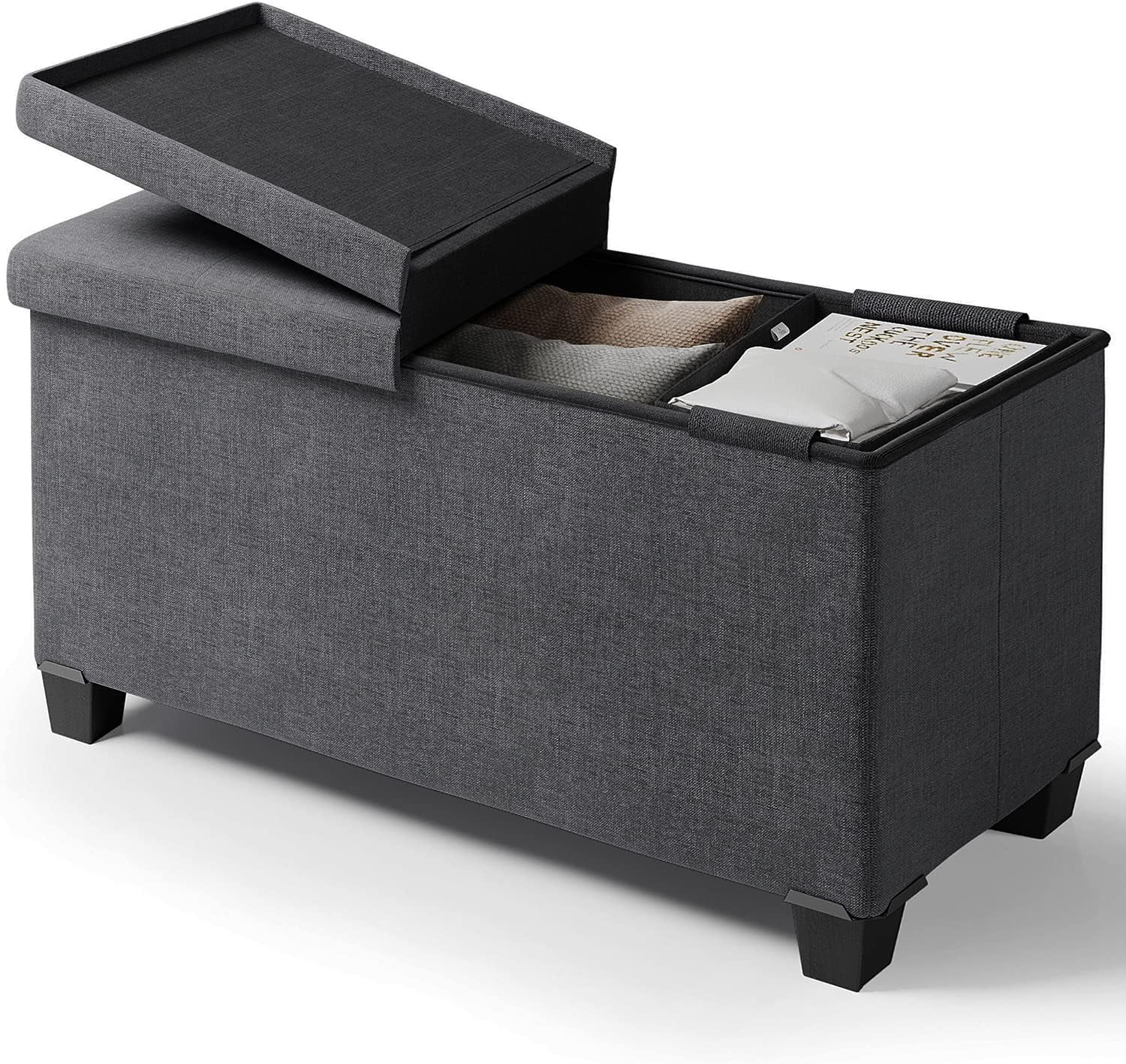 Linen Fabric Grey Ottoman with Storage Bins, 30-In Folding Storage ...