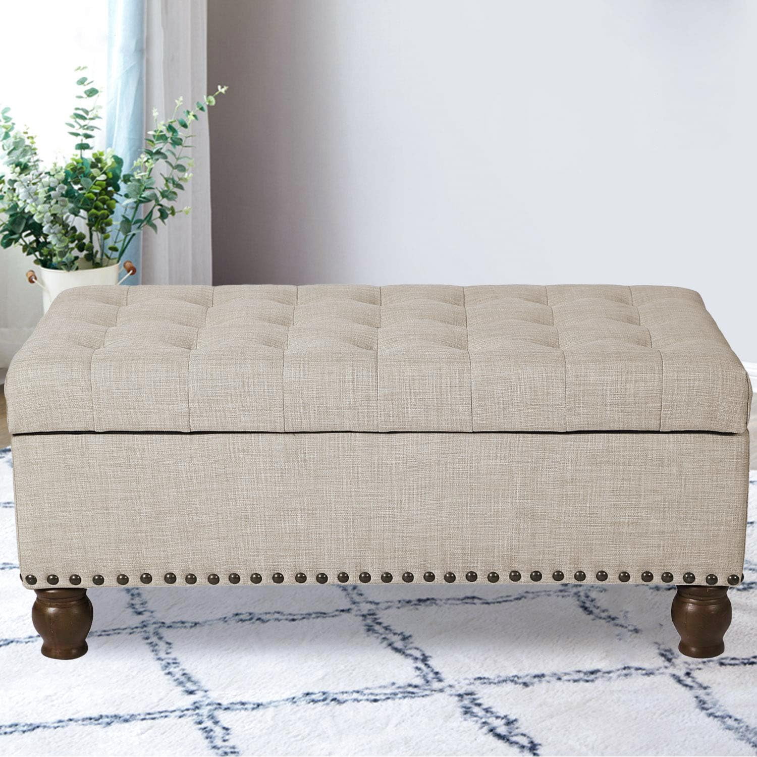 Linen Fabric Rectangle Tufted Lift Top Storage Ottoman Bench, Footstool ...