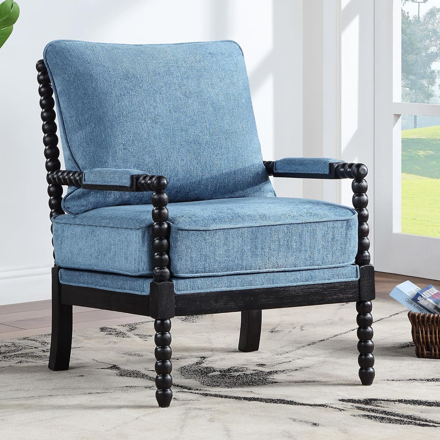 Linen Fabric Spindle Accent Chair with Wood Frame,Modern Accent Spool ...