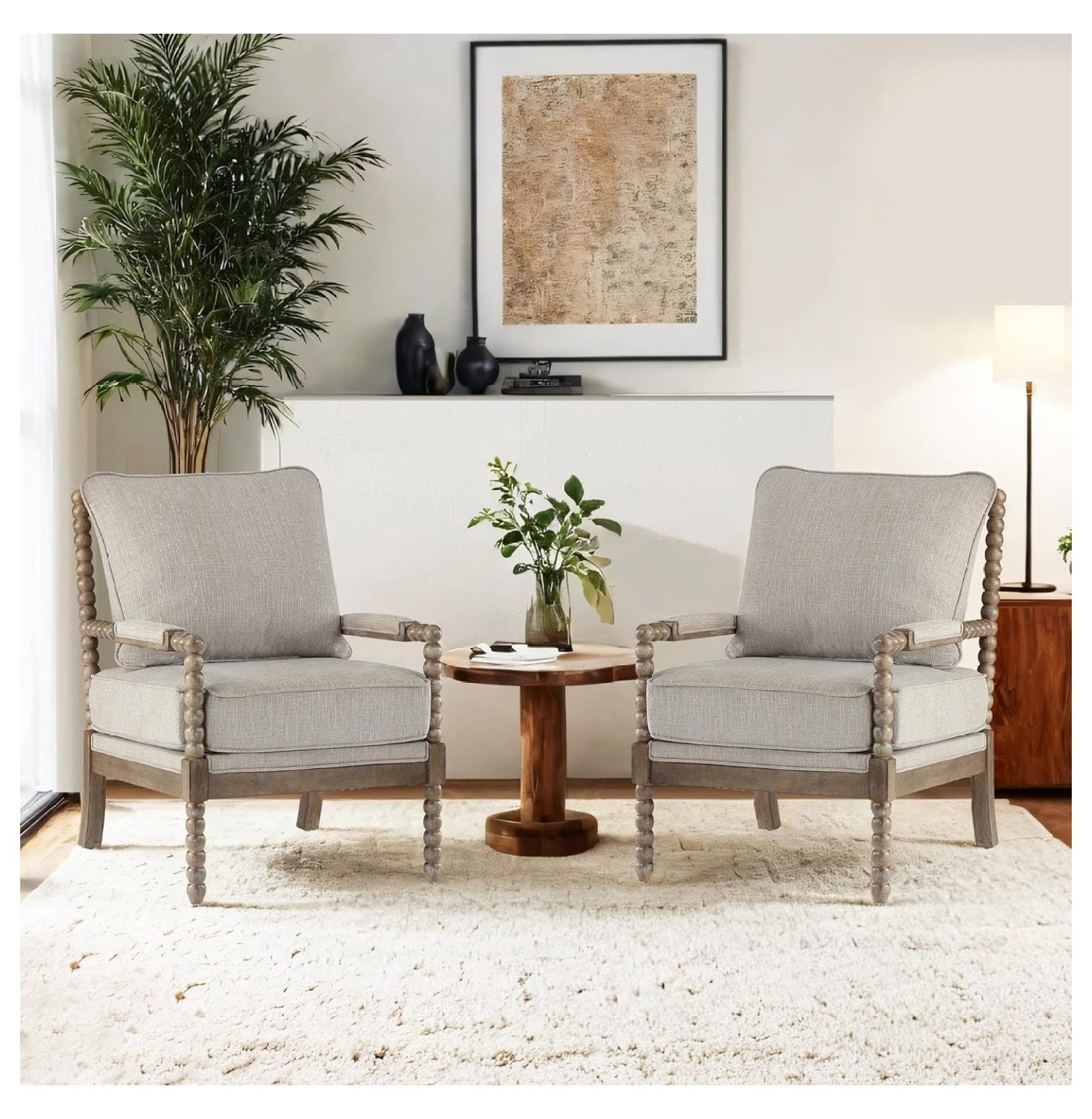 Linen Fabric Spindle Accent Chairs Set of 2,Spool Chairs with High Resilience Spring Cushion and ...