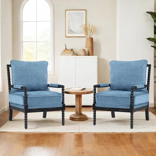 Linen Fabric Spindle Accent Chairs Set of 2 with Wood Frame,Modern ...