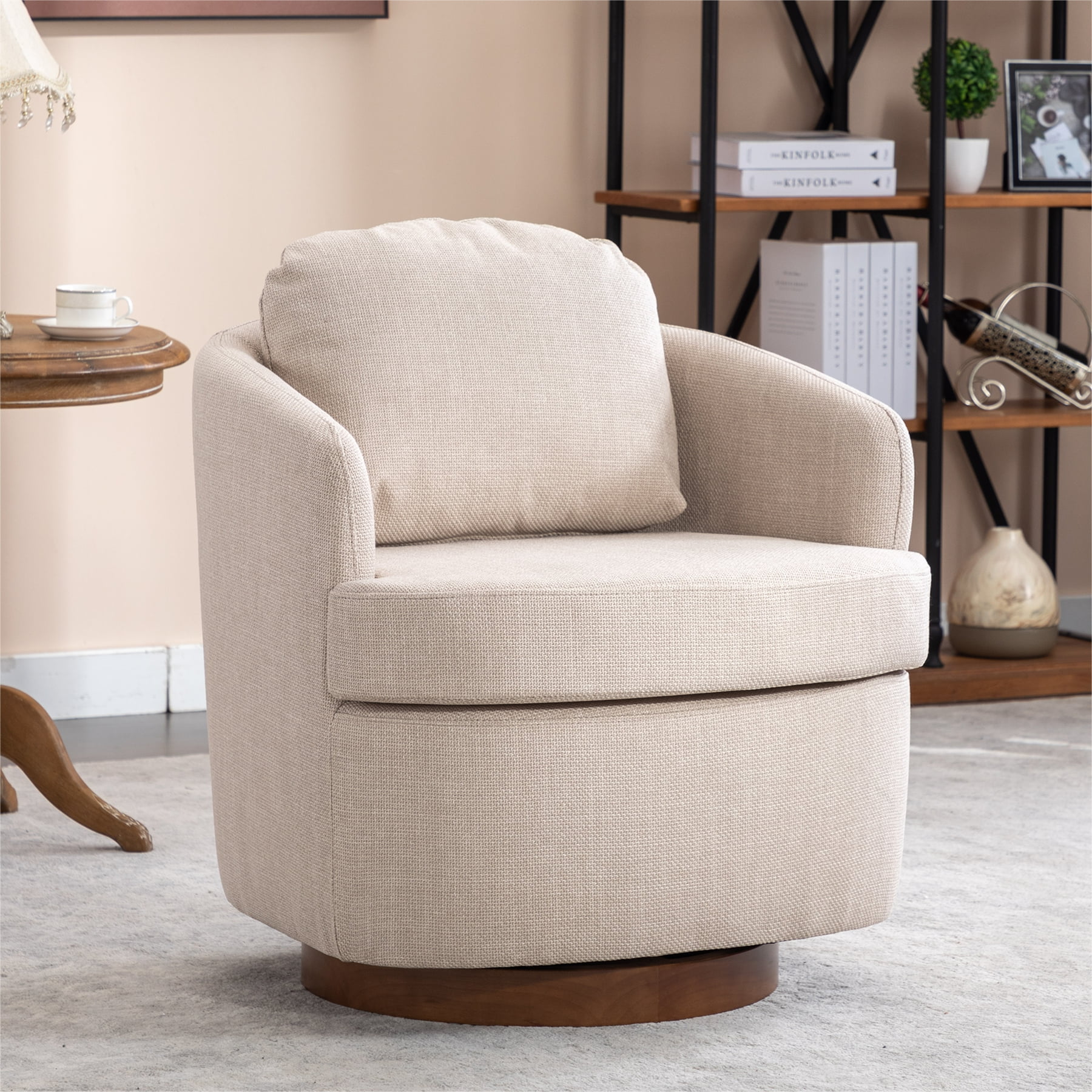 Linen Fabric Swivel Accent Chair With Soild Wood Round Brown Base Leg ...