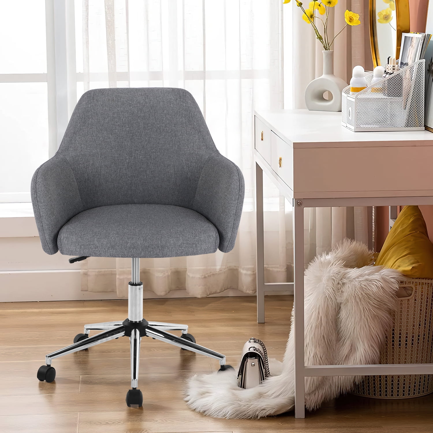 Linen Fabric Vanity Chair, Home Office Chair with 360 Degree Swivel and ...