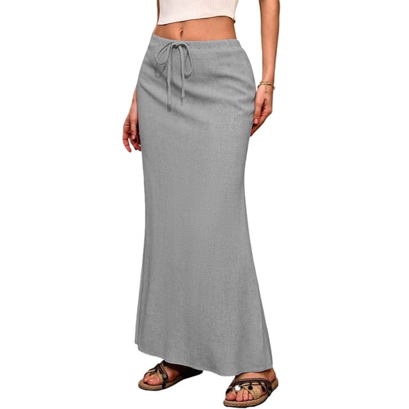 Linen Flared Maxi Skirt with Back Slit - Elastic Waist Drawstring Long ...