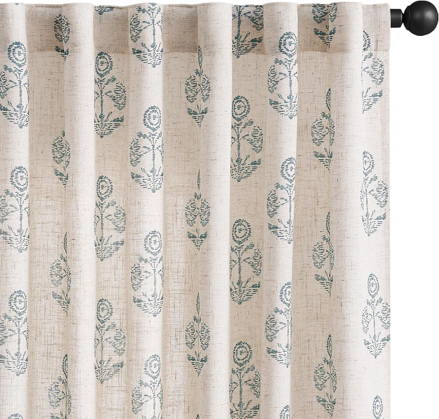 Linen Floral Curtains for Living Room 96 Inch Length Blue Flower ...