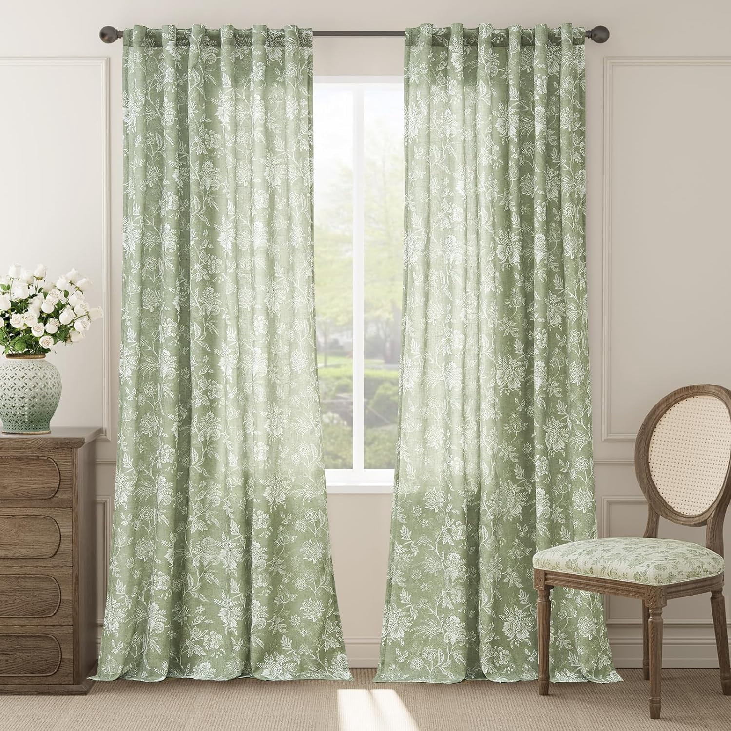 Linen Floral Curtains for Living Room with Printed Flower 96 Inches ...