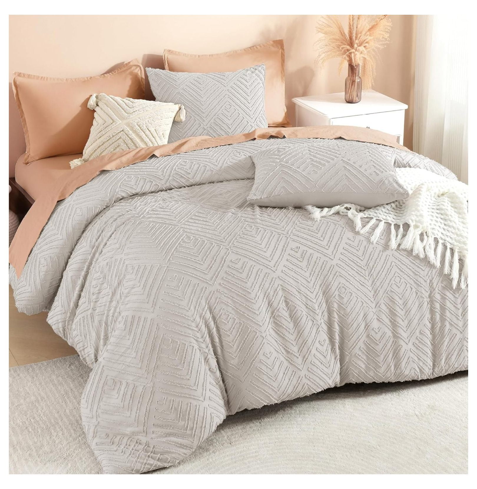 Linen Grey Queen Comforter Set, 3 Pieces Tufted Boho Farmhouse Bedding ...