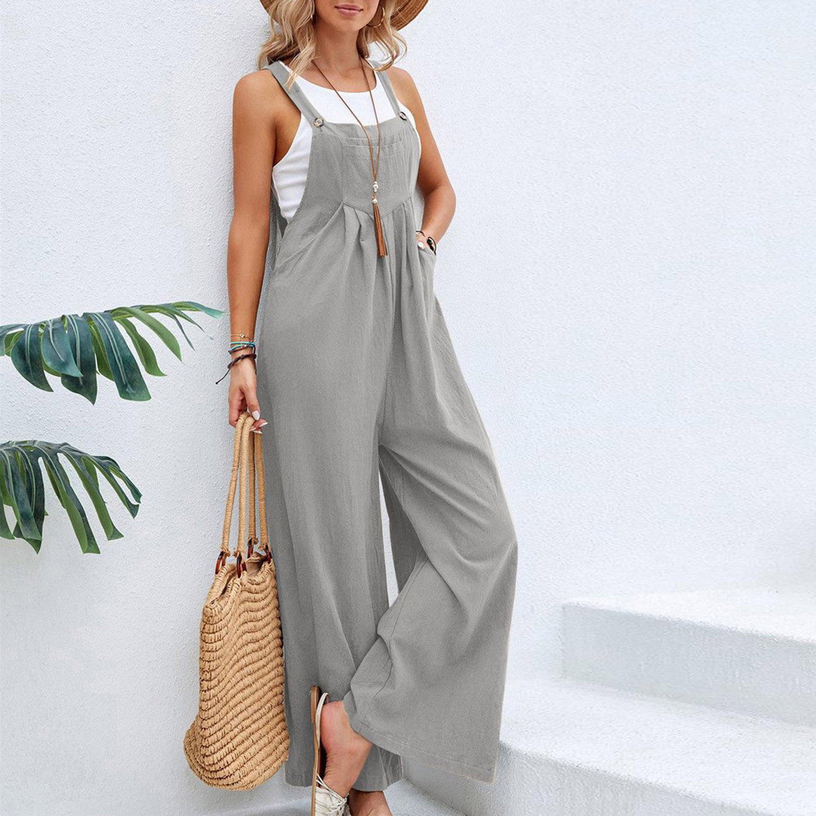 Linen Jumpsuits for Women Adjustable Strap Square Neck Sleeveless ...