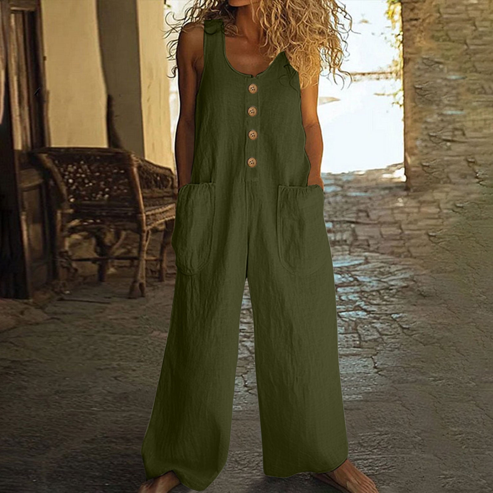 Linen Jumpsuits for Women One Piece Crew Neck Sleeveless Button Up ...