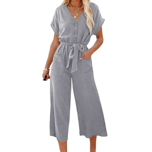 Linen Jumpsuits for Women Casual Summer Wide Leg Long Pants Rompers ...