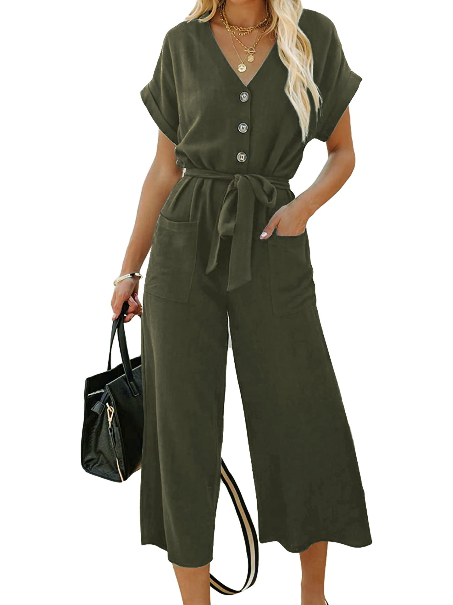 Linen Jumpsuits for Women Casual Summer Wide Leg Long Pants Rompers ...