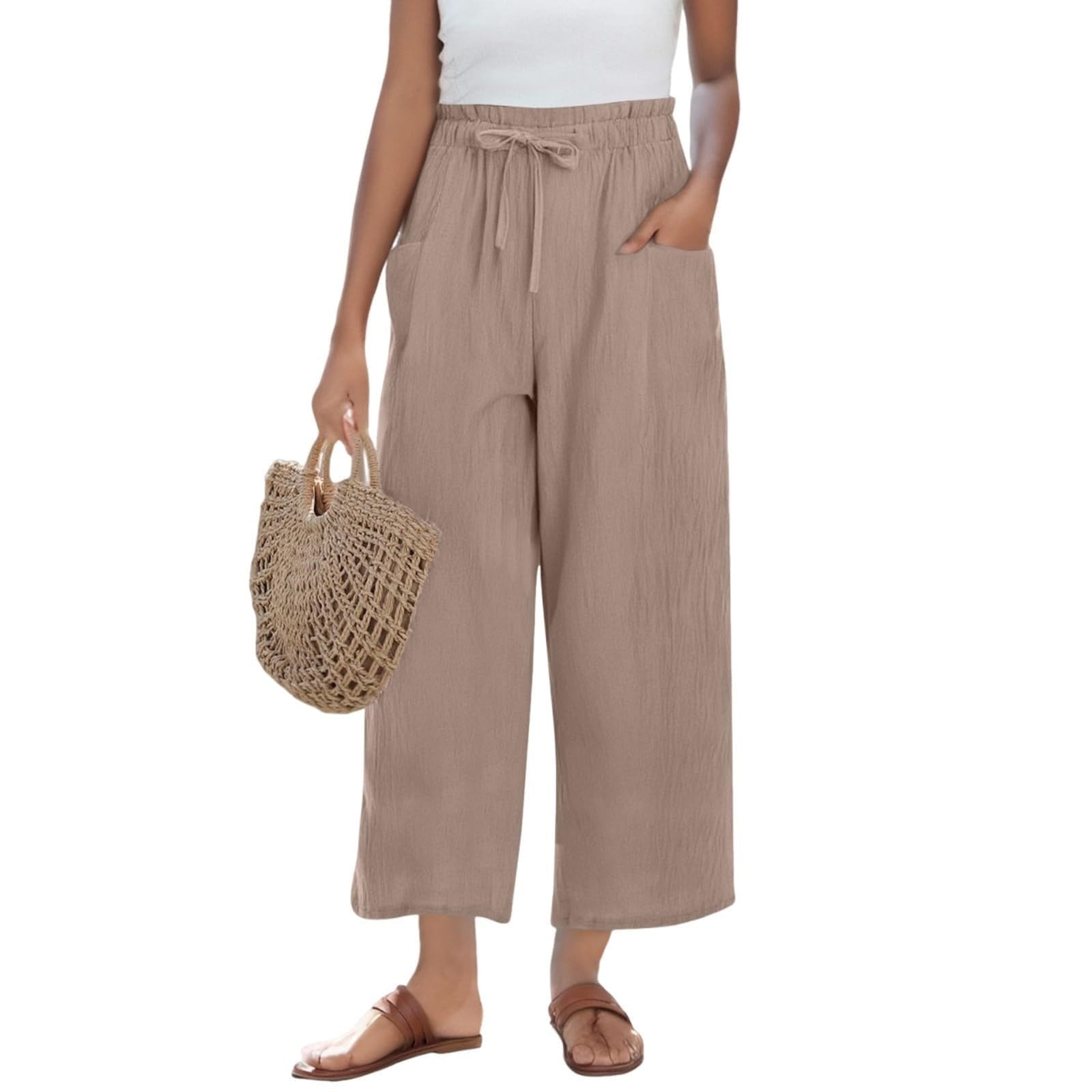 Linen Khaki Crop Pants for Women Comfy High Waist Drawstring Bell ...