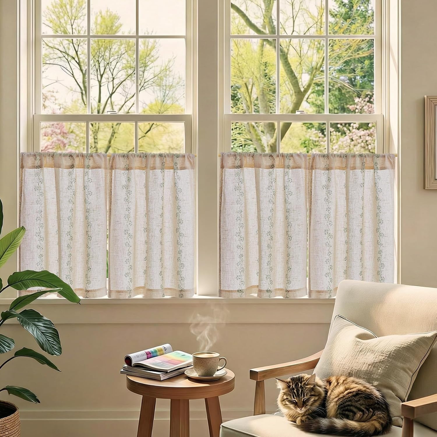 Linen Kitchen Curtains 24 Inch Floral Tier Curtains Farmhouse Cottage ...