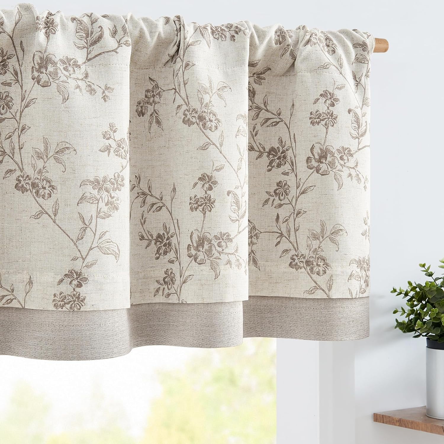 Linen Kitchen Valance for Windows 16 Inch Floral Double Layer Valance ...