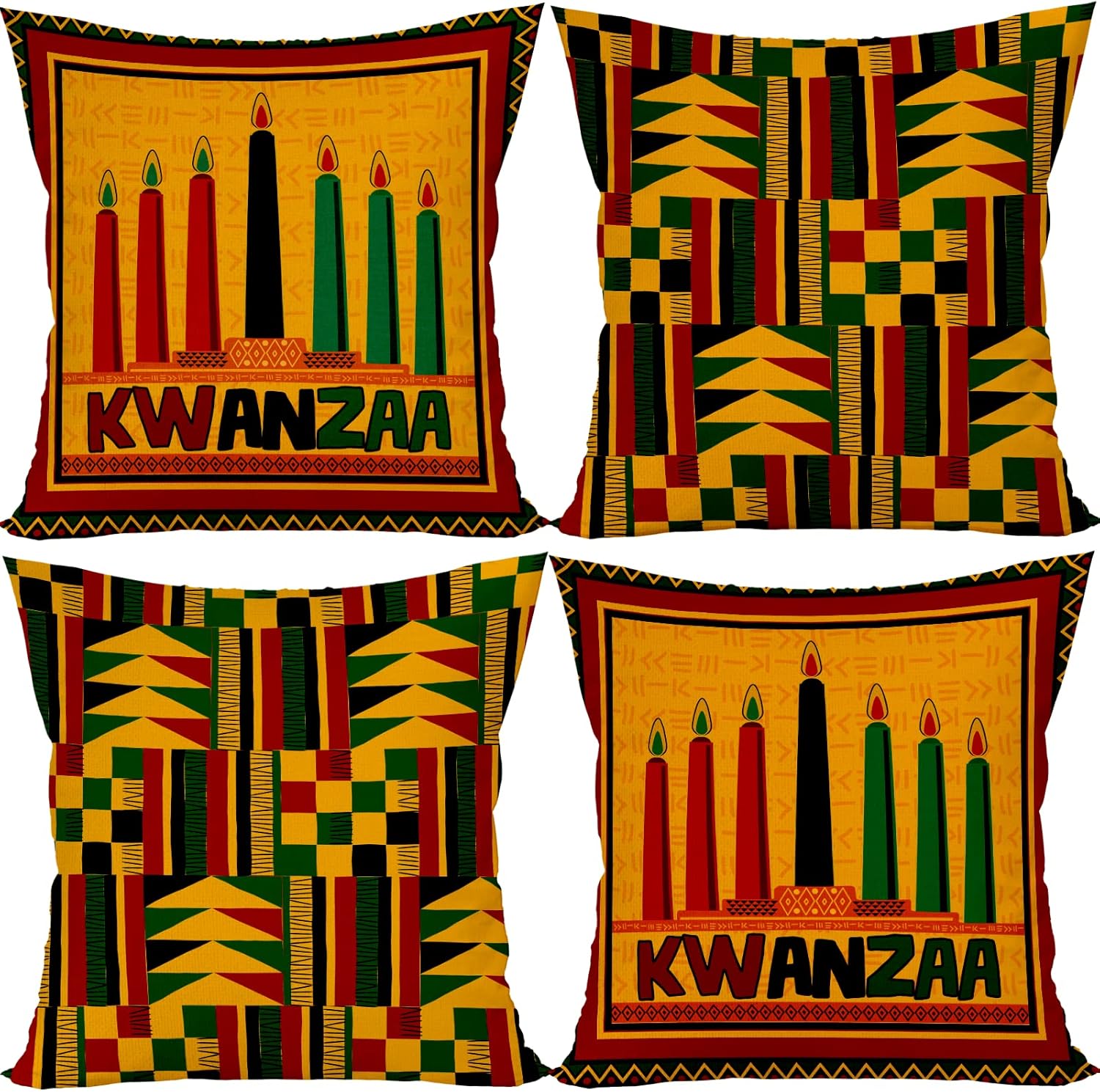 Linen Kwanzaa Throw Pillow Covers 18x18 Set of 4 Kinara Decor African ...
