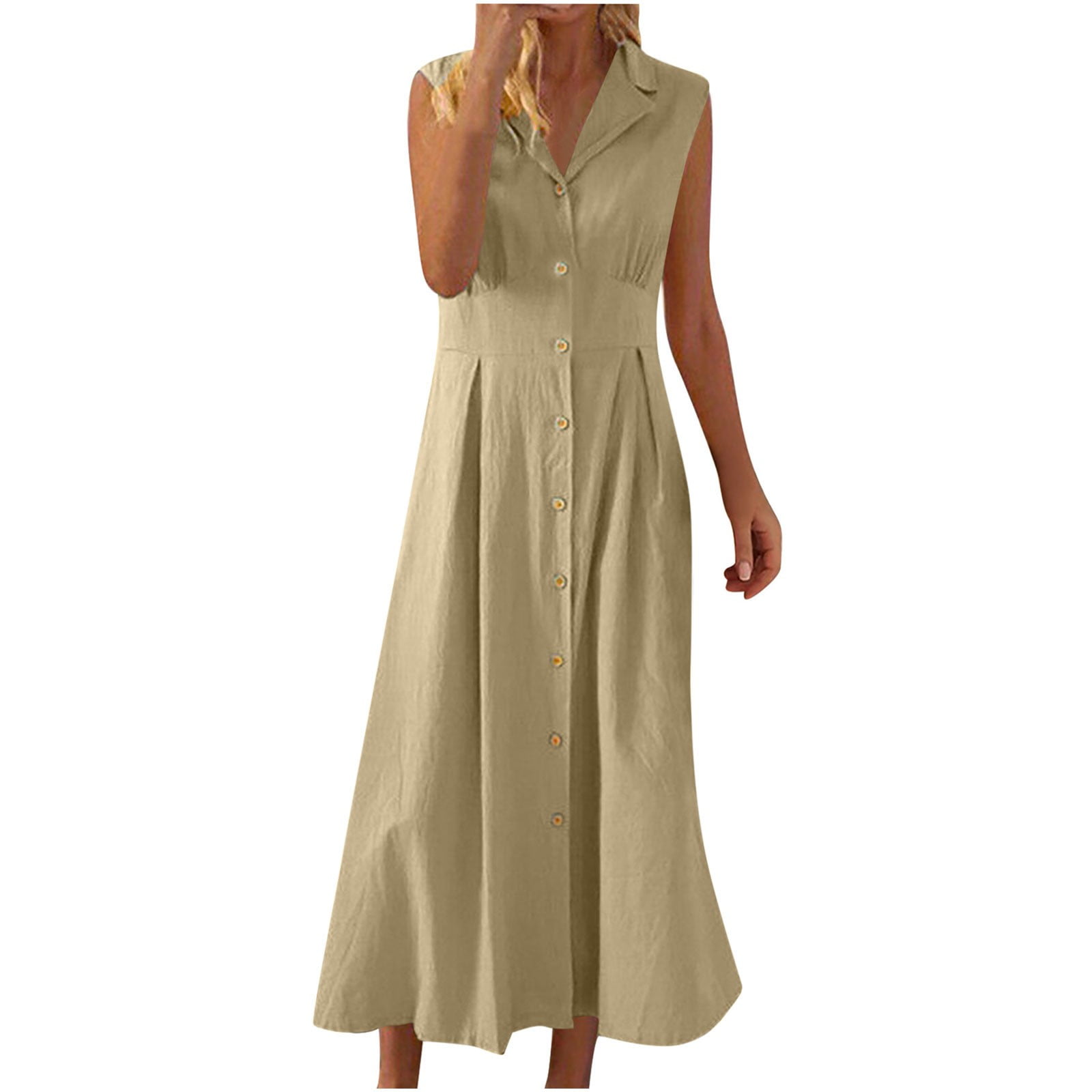 Linen Long Wrap Dresses for Women Lapel Collared Full Button Down V ...