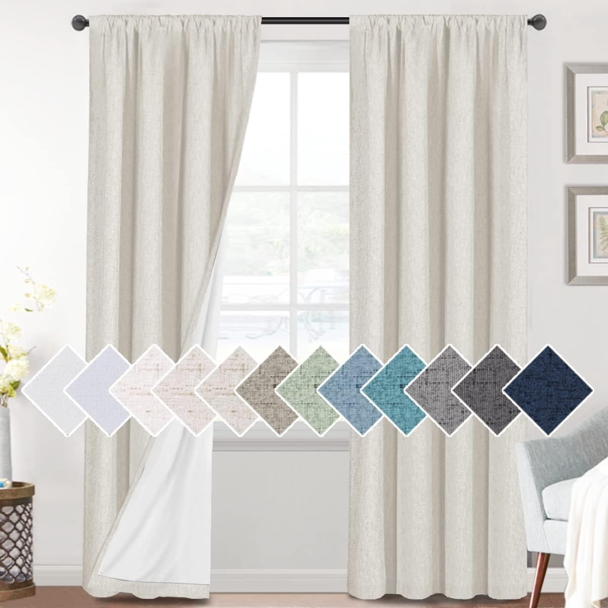 Linen Look 100% Blackout Curtains 84 Inches Long for Bedroom Full Light ...