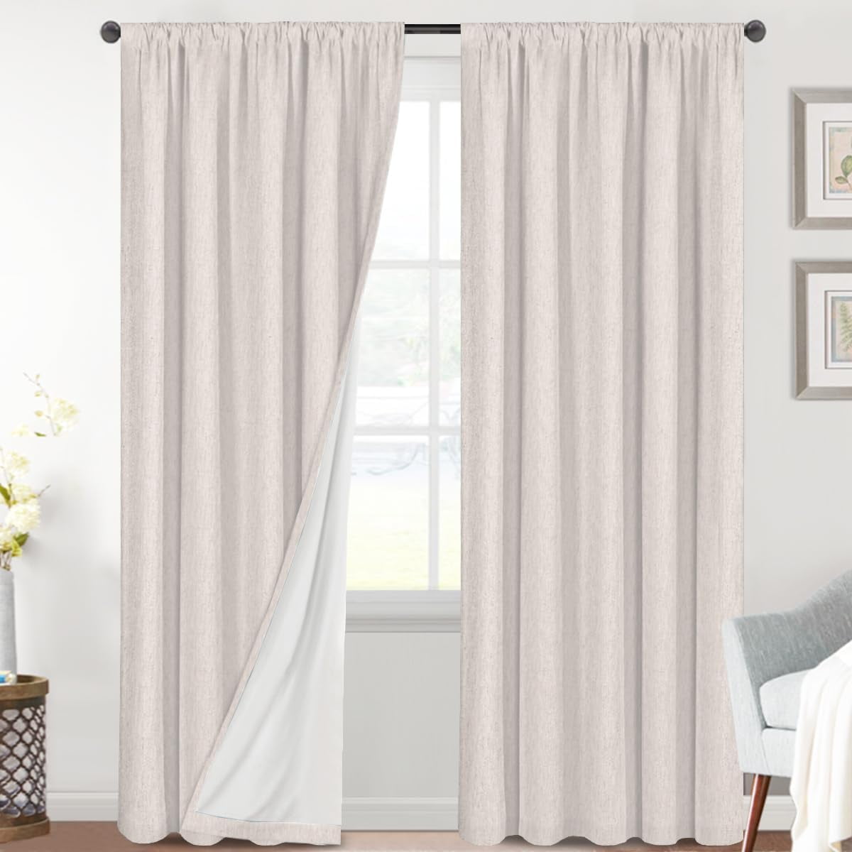 Linen Look 100% Blackout Curtains 95 Inches Long for Bedroom Full Light ...