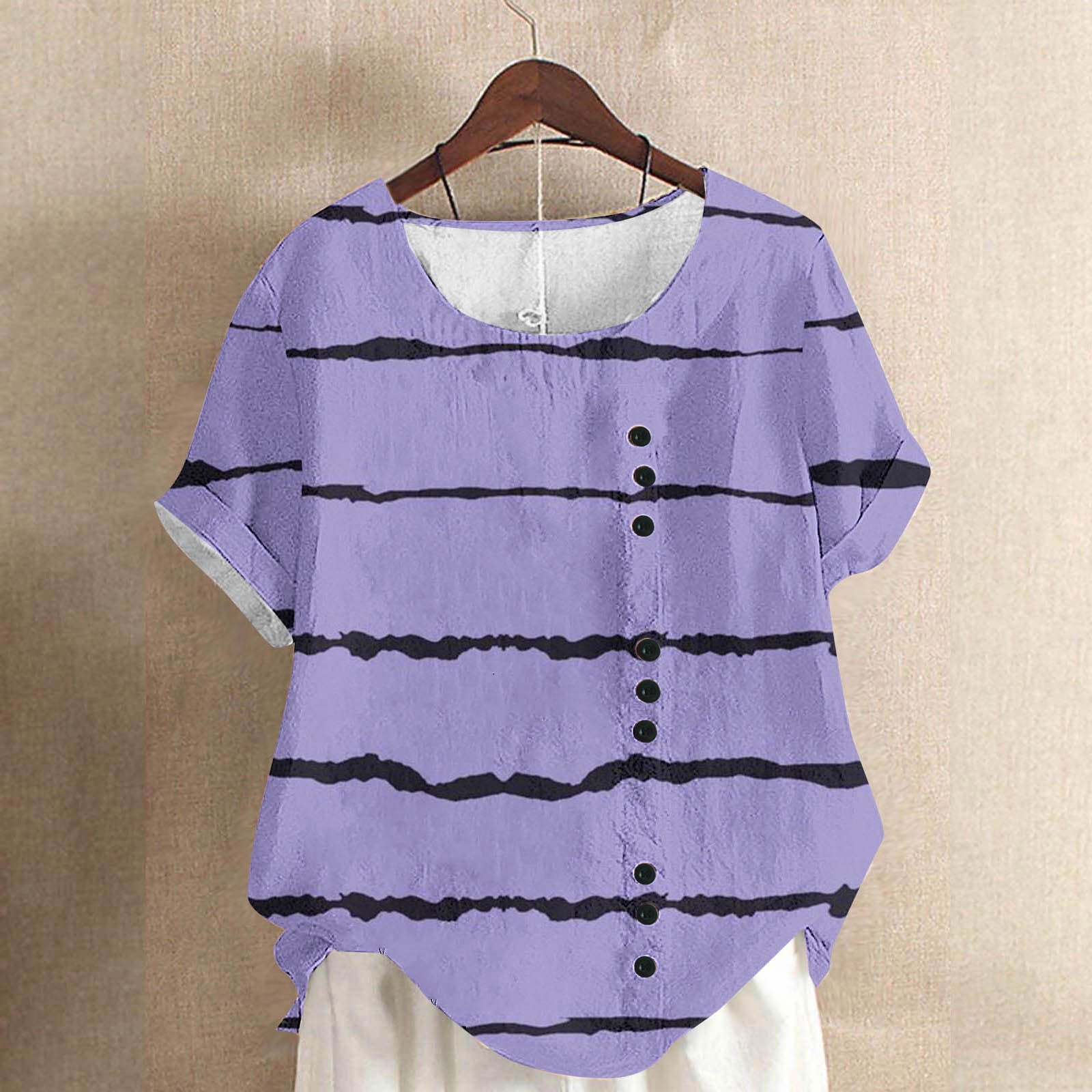 Linen-Look Tops for Women, Printed Short Sleeve Button Down T-Shirt ...