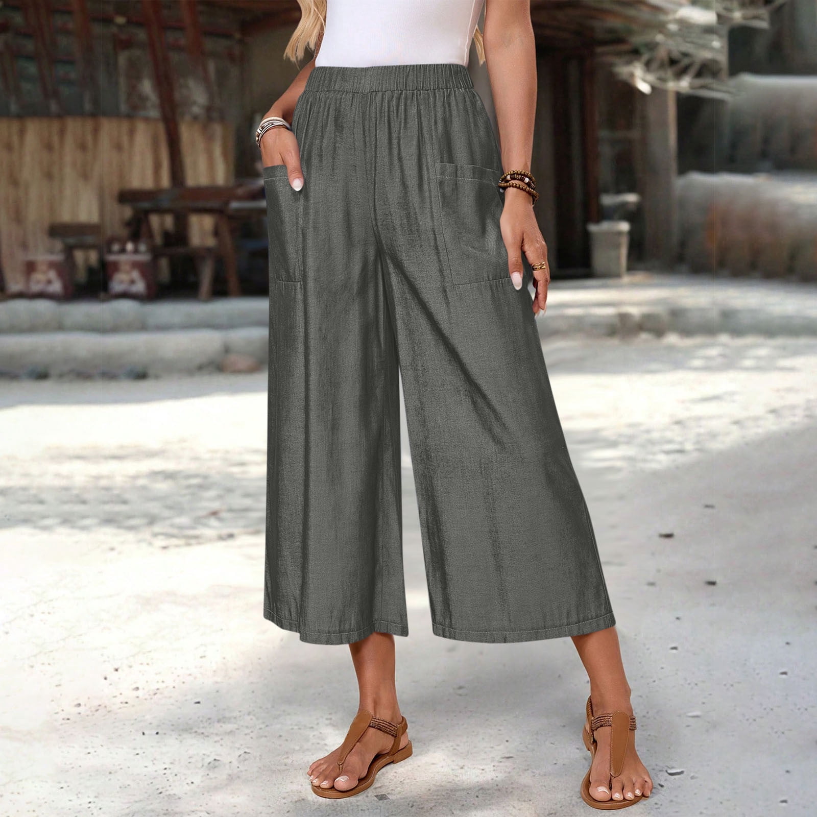 Linen Loose Fit High Waisted Culottes for Women Cotton Wide Leg Capris ...