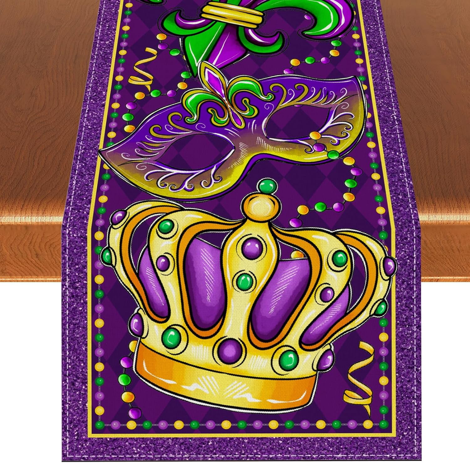 Linen Mardi Gras Table Runner Purple Mask Beads Iris Fleur De Lis ...
