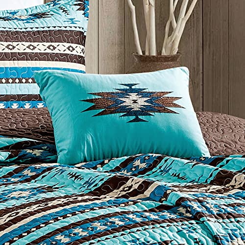 Linen Mart Southwestern Turquoise Tan Aztec Coverlet - 5 Piece Set ...