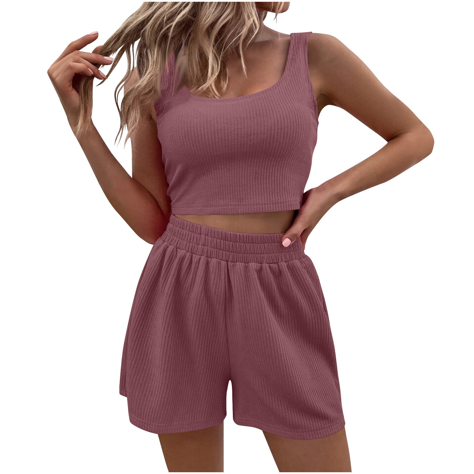 Linen Matching Set Women s 2 Piece Ribbed Crop Tank Tops and Shorts ...