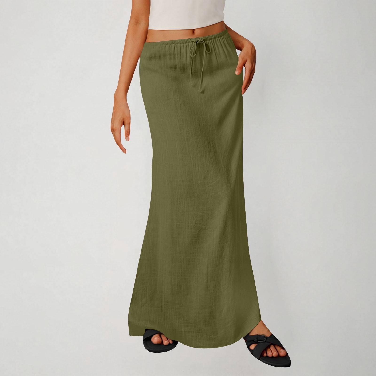 Linen Maxi Skirts Elastic Waist Drawstring Long Flowy Skirts Wrap ...