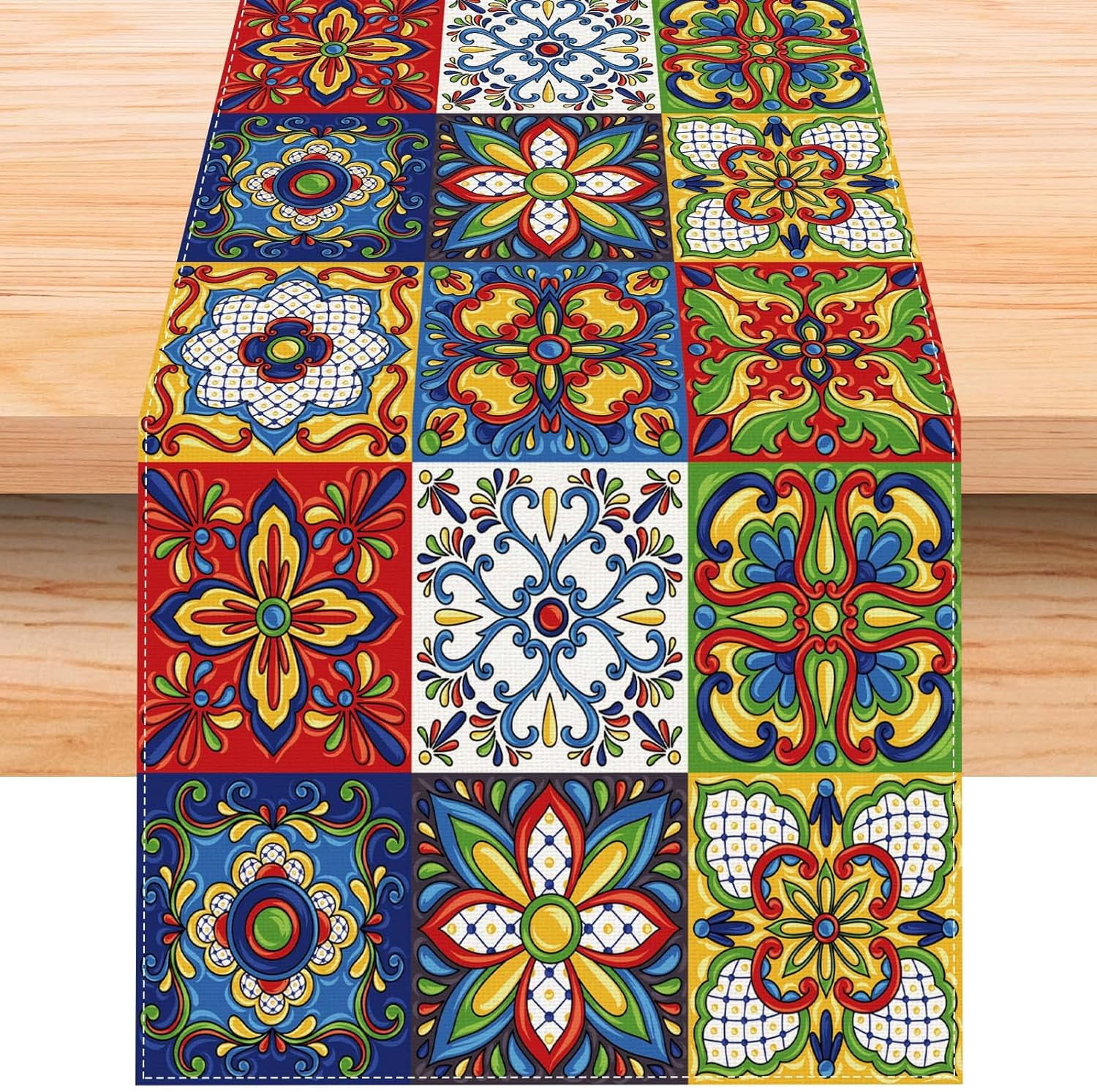 Linen Mexican Talavera Ceramic Tile Table Runner 108 Inches Long ...
