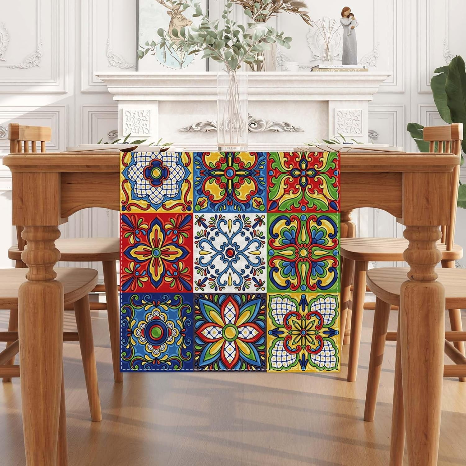 Linen Mexican Talavera Ceramic Tile Table Runner 108 Inches Long ...