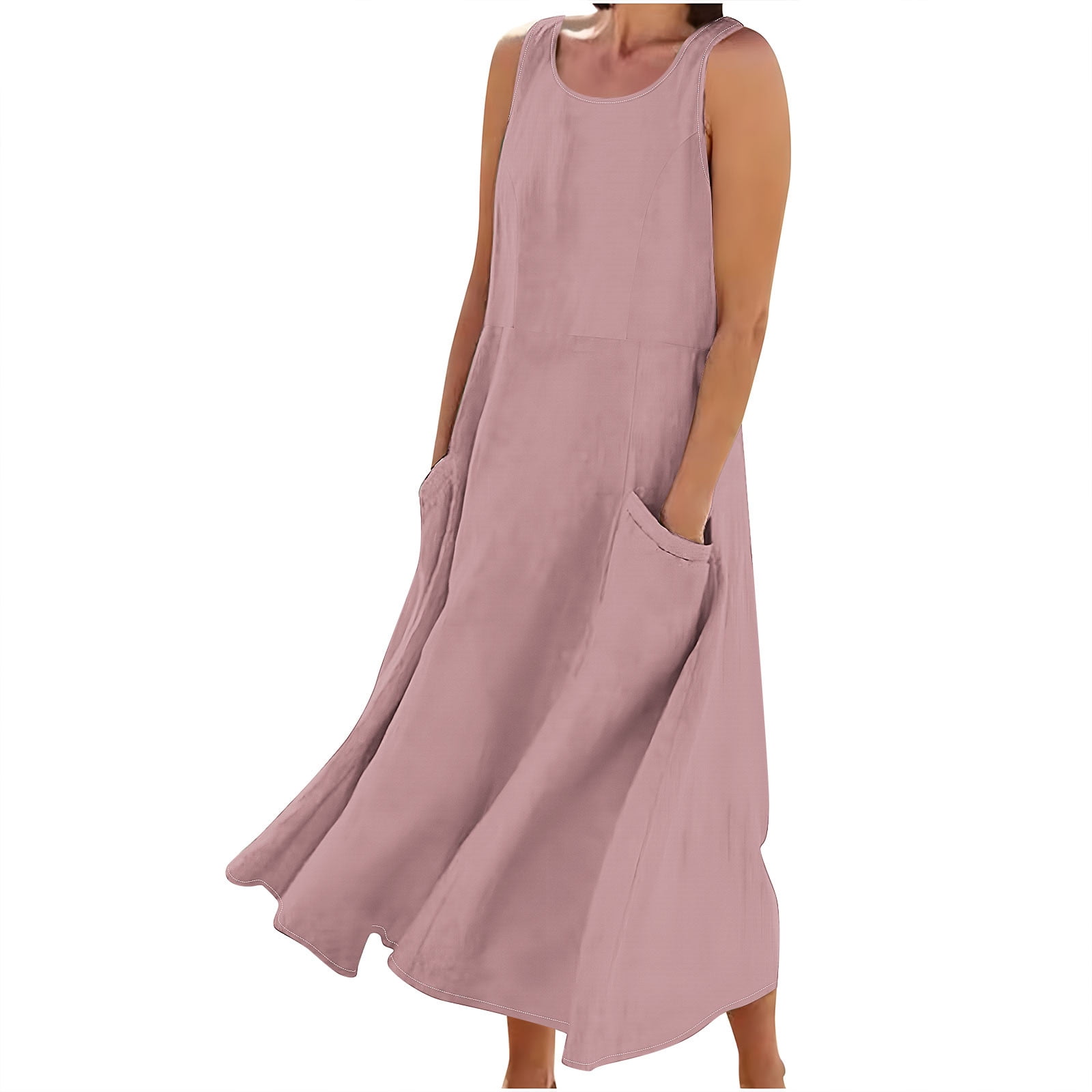Linen Midi Dress for Women Plus Size Casual Sundress Summer Sleeveless ...