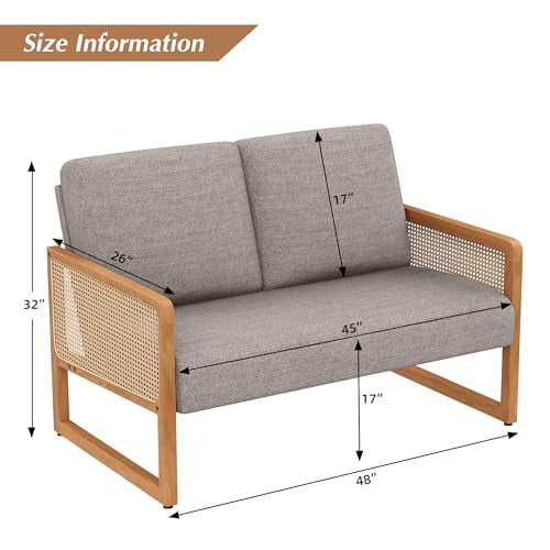 Linen Mini Couch Small Loveseat Sofa with Rattan Arms for Living Room ...