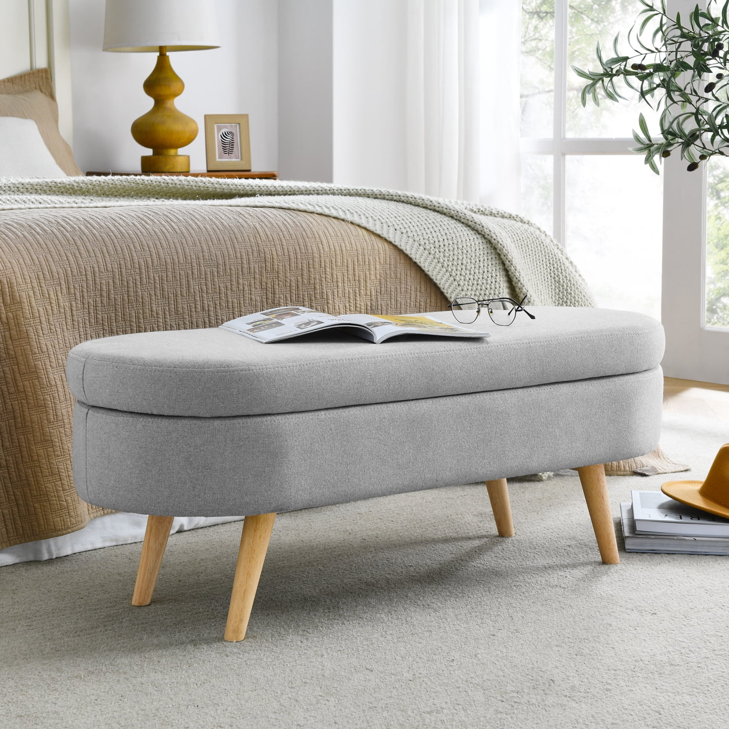 Linen Oval Storage Bench, Modern Ottoman with Rubber Wood Legs, Hidden ...